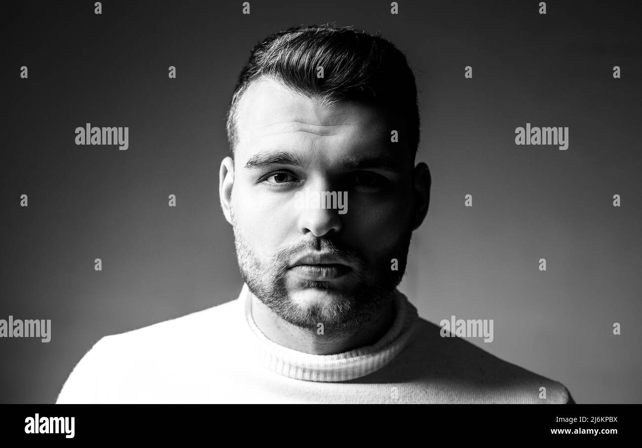 Hairstyle barber. Man bearded macho close up face. Barbershop concept ... Hairstyle barber. Man bearded macho close up face. Barbershop concept ...