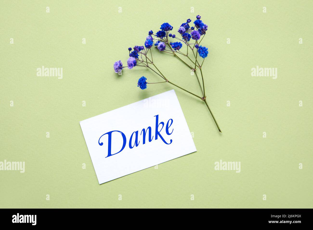 Card with word DANKE (German for Thanks) and flowers on green ...