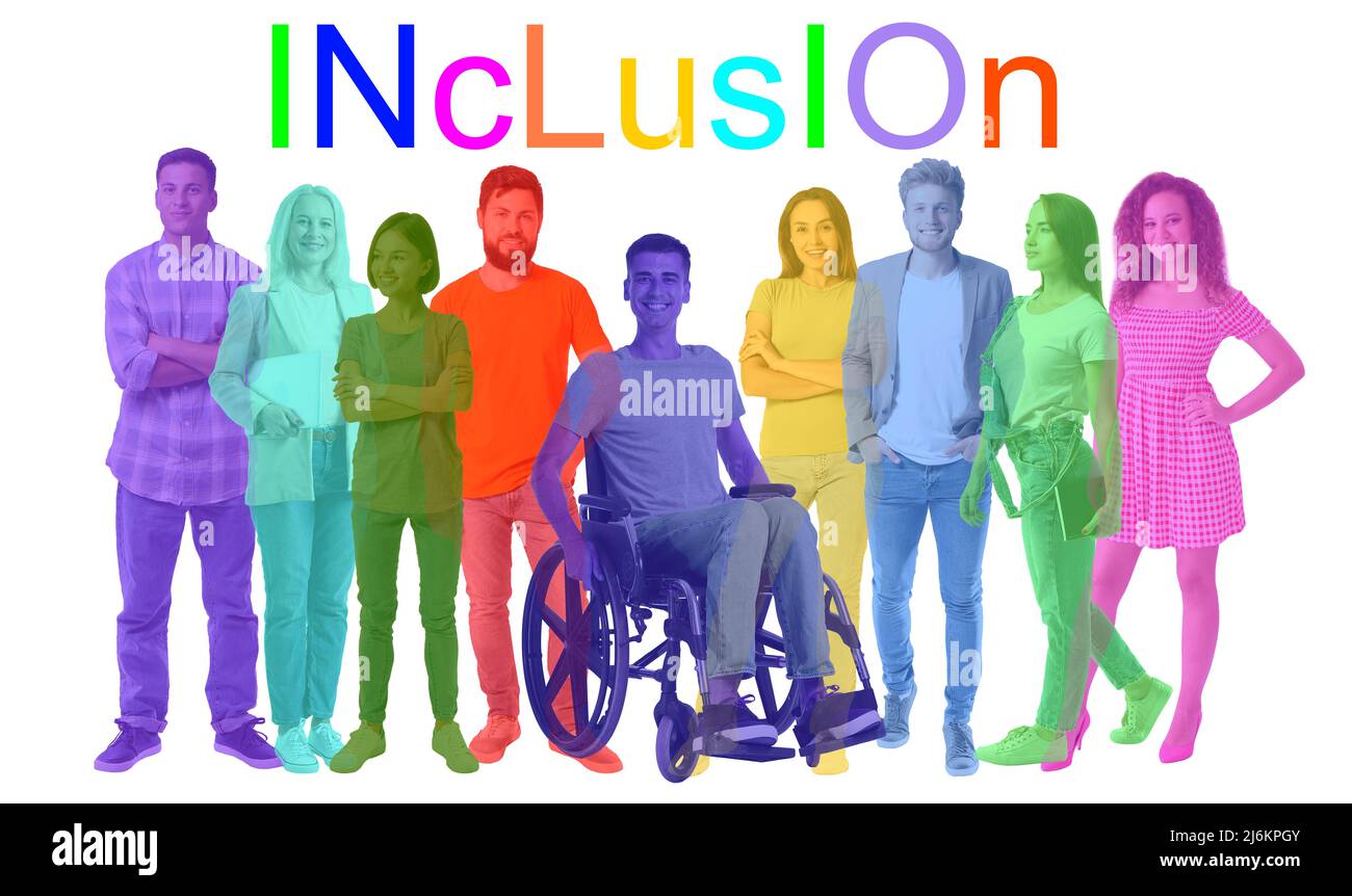 Many different people and word INCLUSION on white background Stock ...