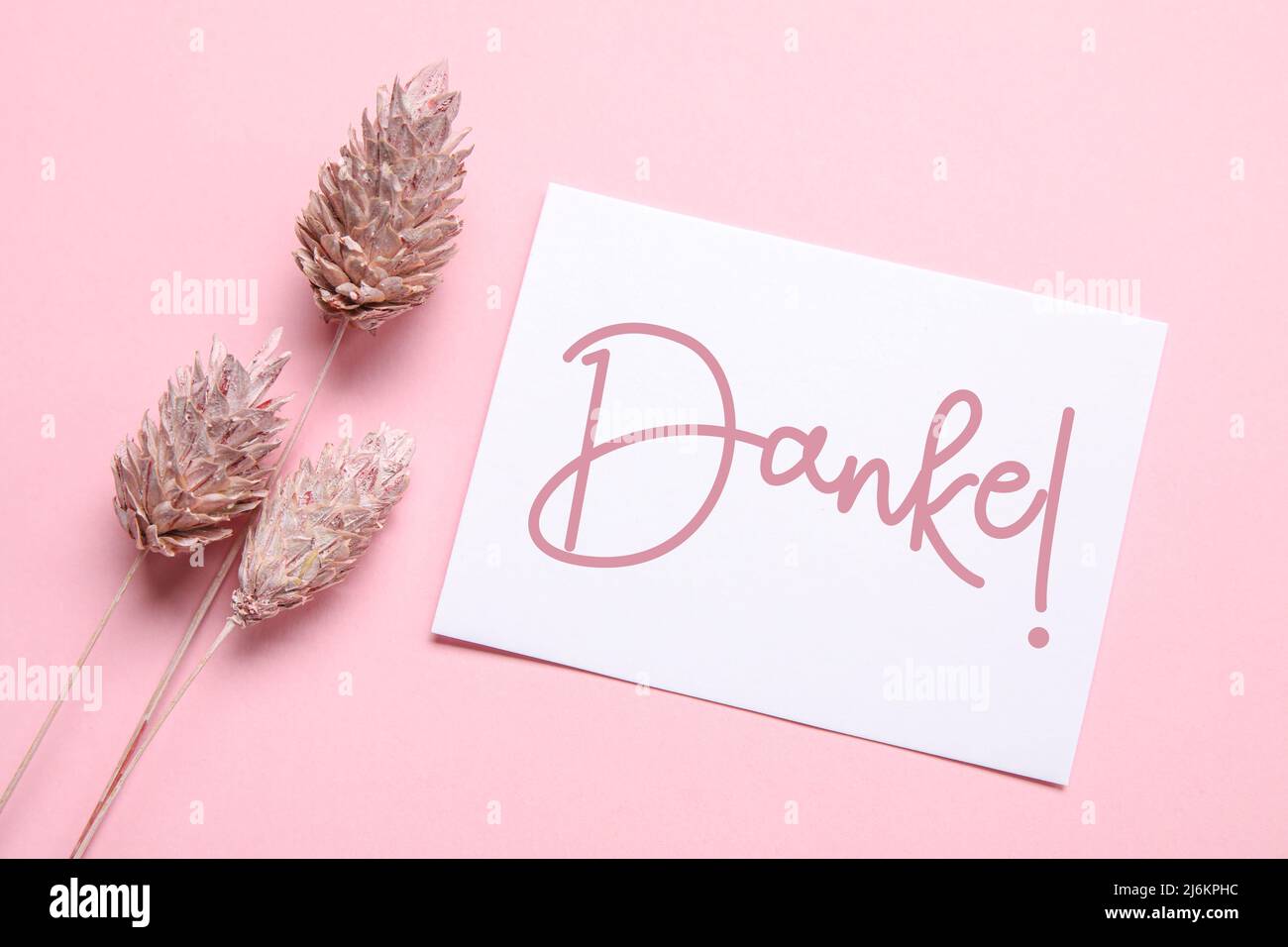 Card with word DANKE (German for Thanks) and floral decor on pink ...