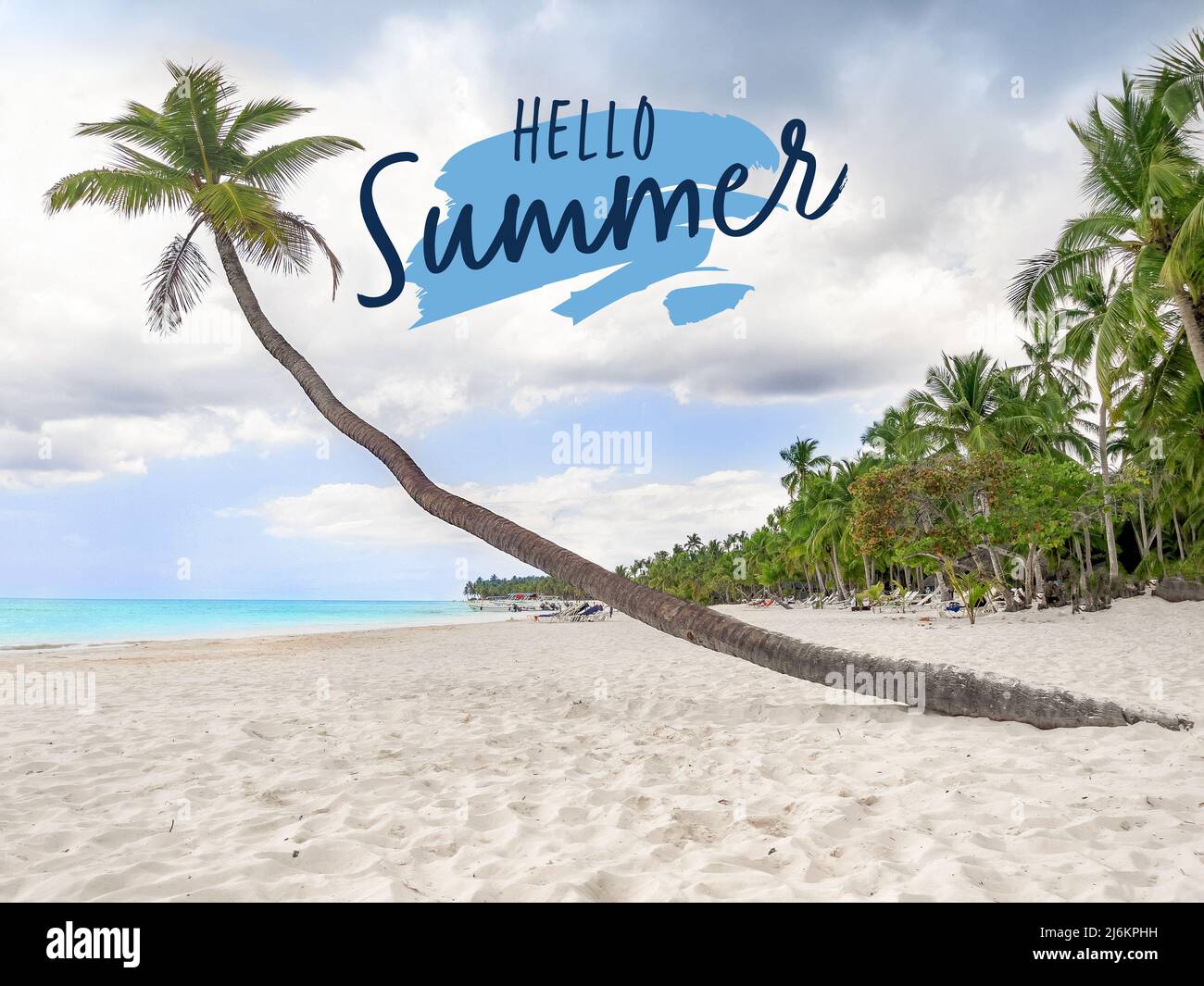 Tropical beach with palms at sea resort. Hello, summer Stock Photo - Alamy