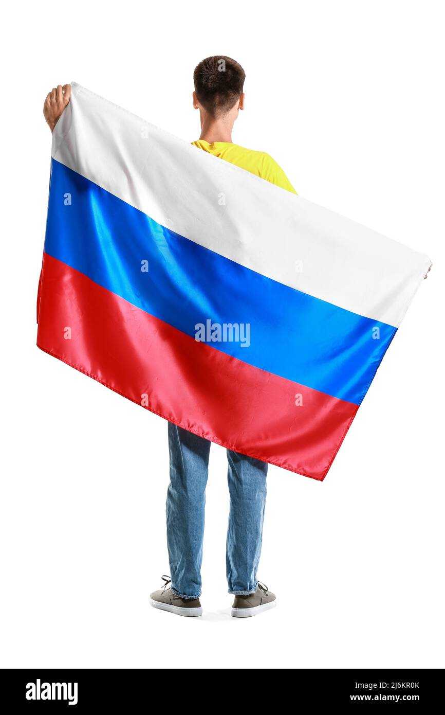 Young man with national flag of Russia on white background, back view ...