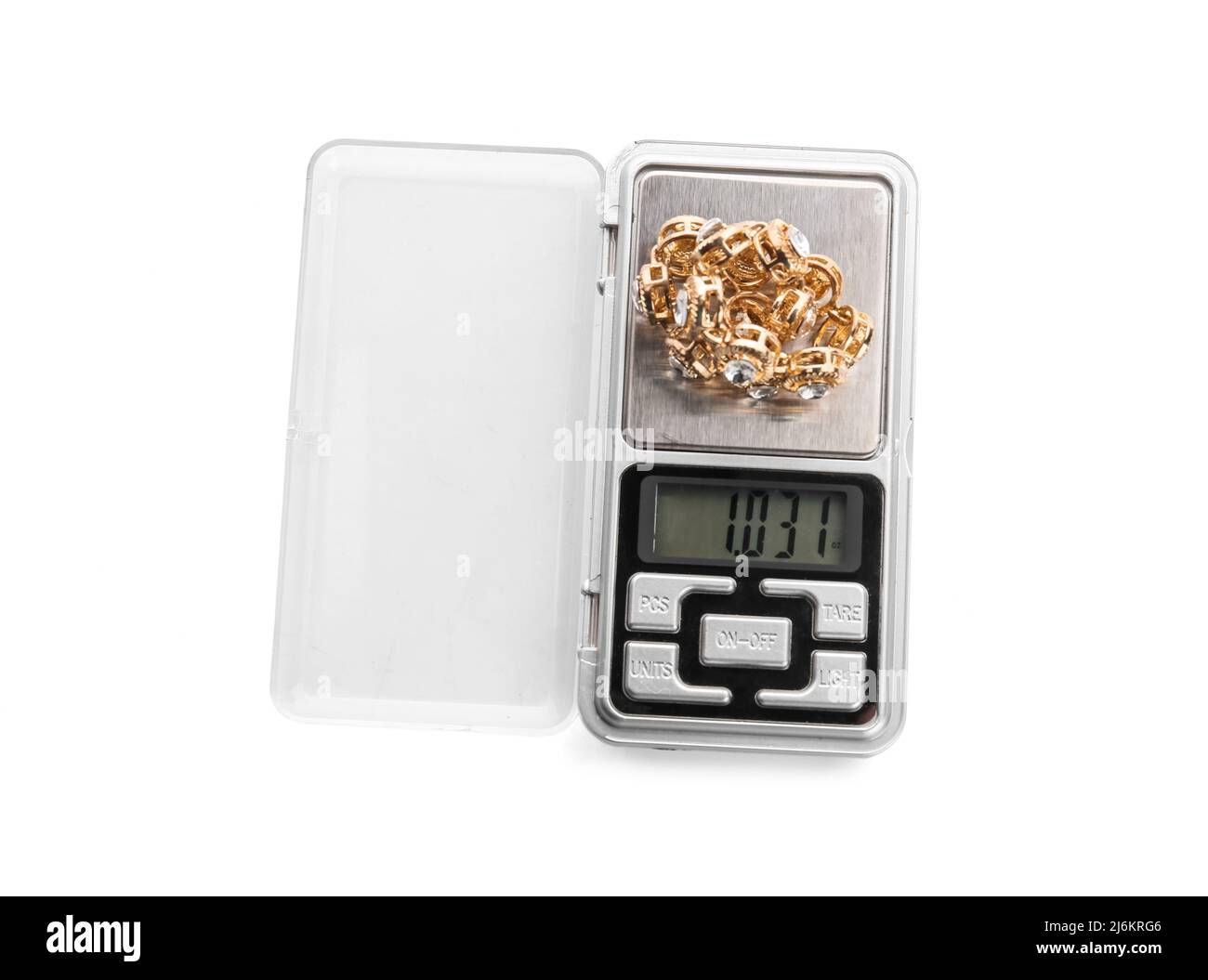 Jewelry scales with chain on white background Stock Photo - Alamy