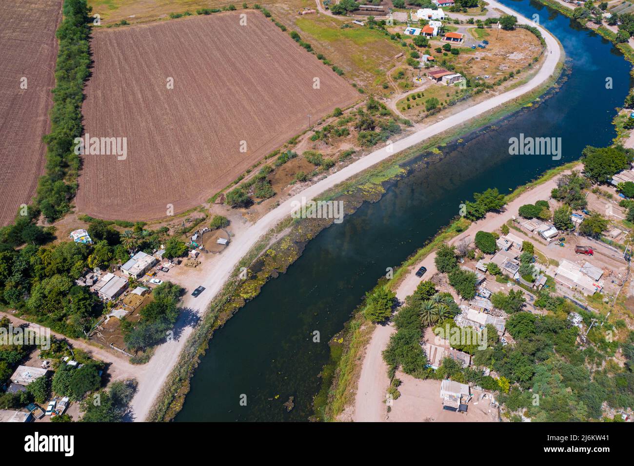 Aerial view of the Yaqui Valley, irrigation district, ejido on the ...