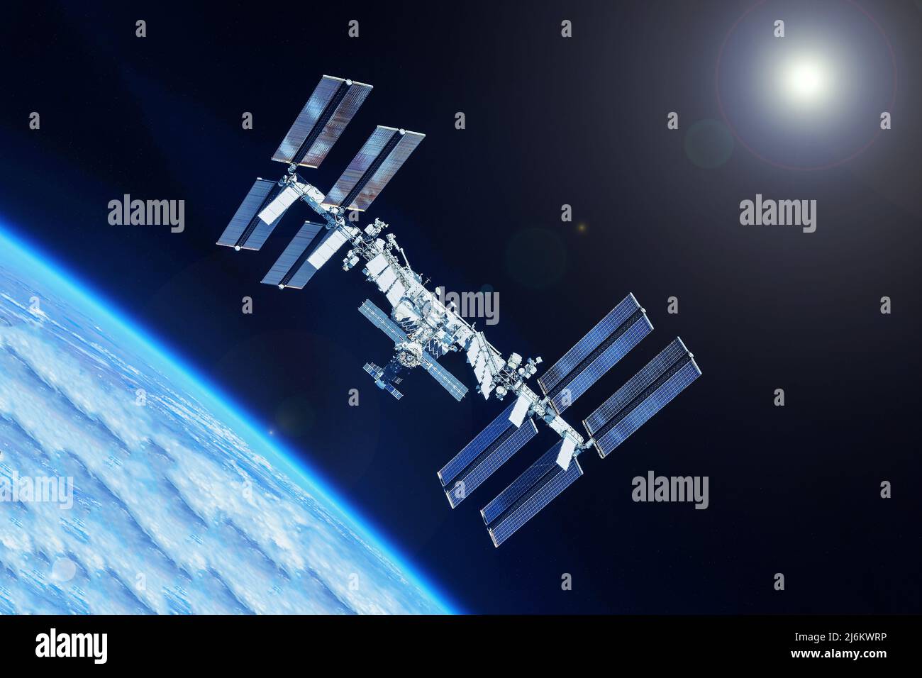 Iss over the planet Earth. Elements of this image furnished by NASA ...