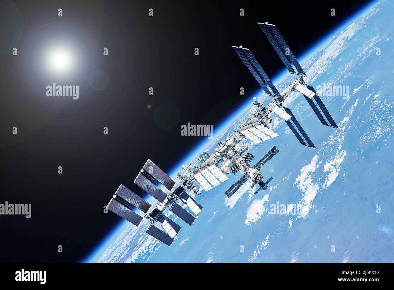 Iss over the planet Earth. Elements of this image furnished by NASA ...