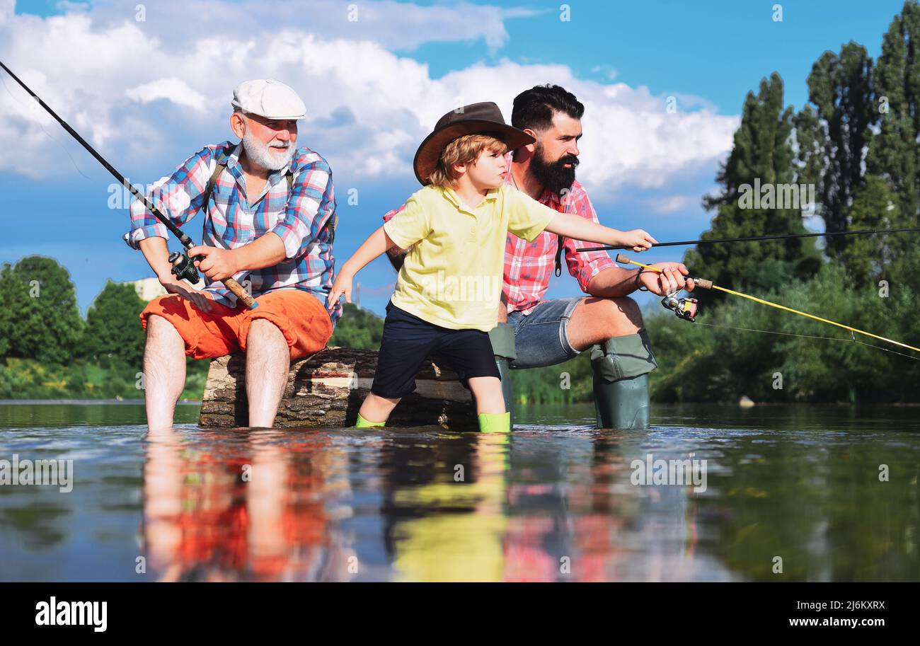 Fishing became a popular recreational activity. Grandfather with son ...