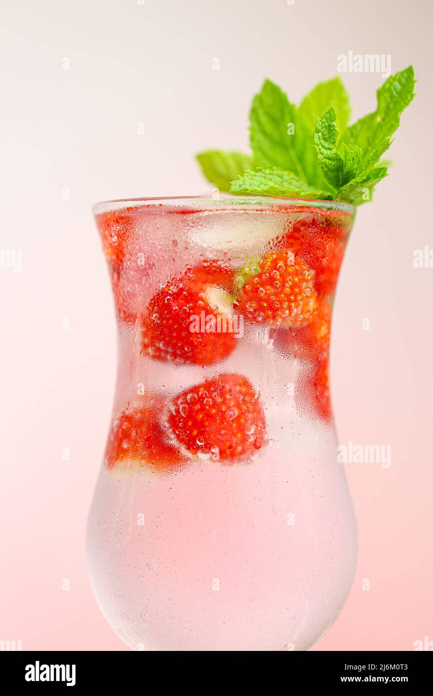 Strawberry drink.Summer drinks.Refreshing cocktail. water in glass with ...