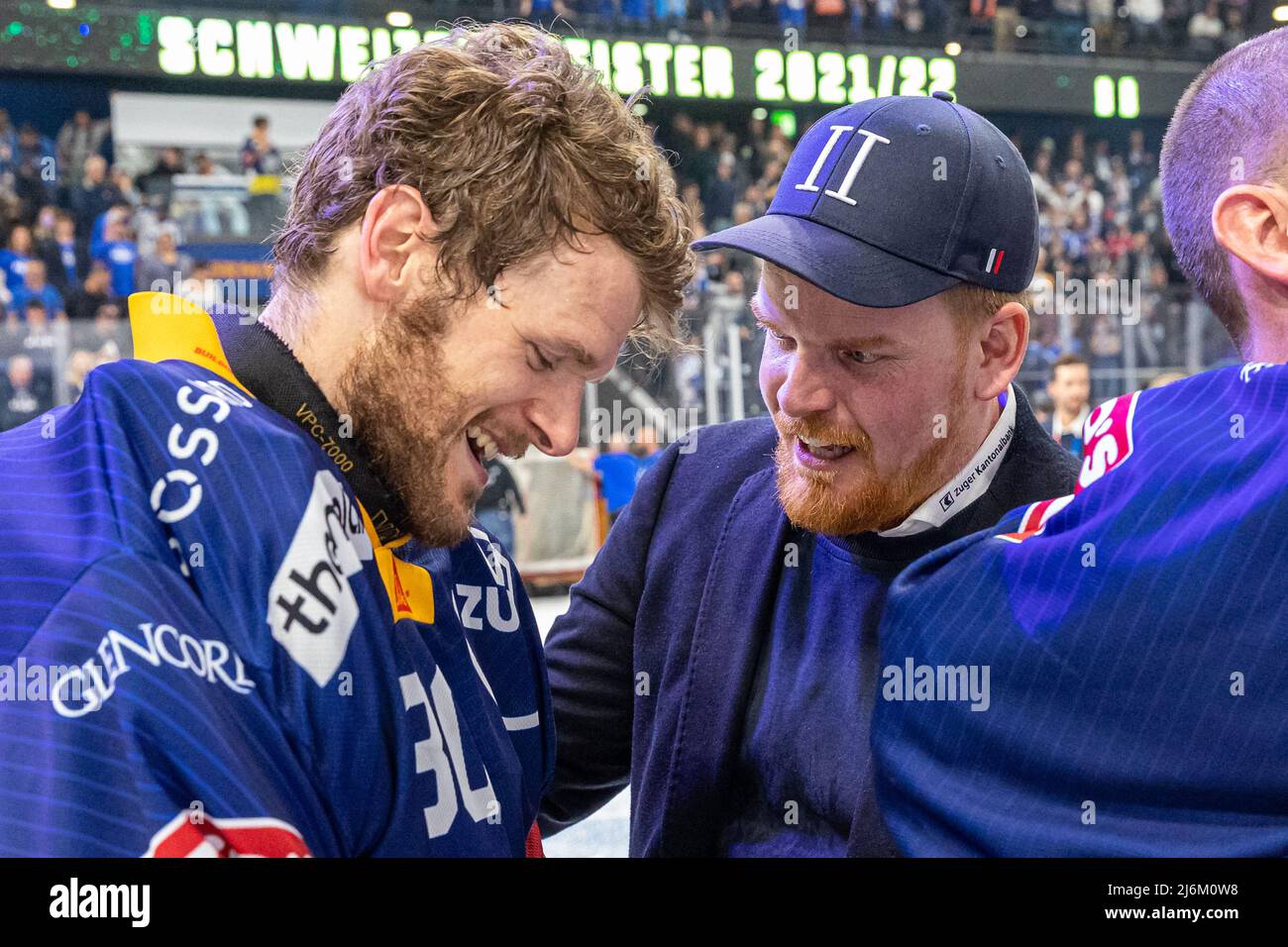 Goalkeeper Leonardo Genoni #30 (EV Zug) and Simon Pfister during the ...