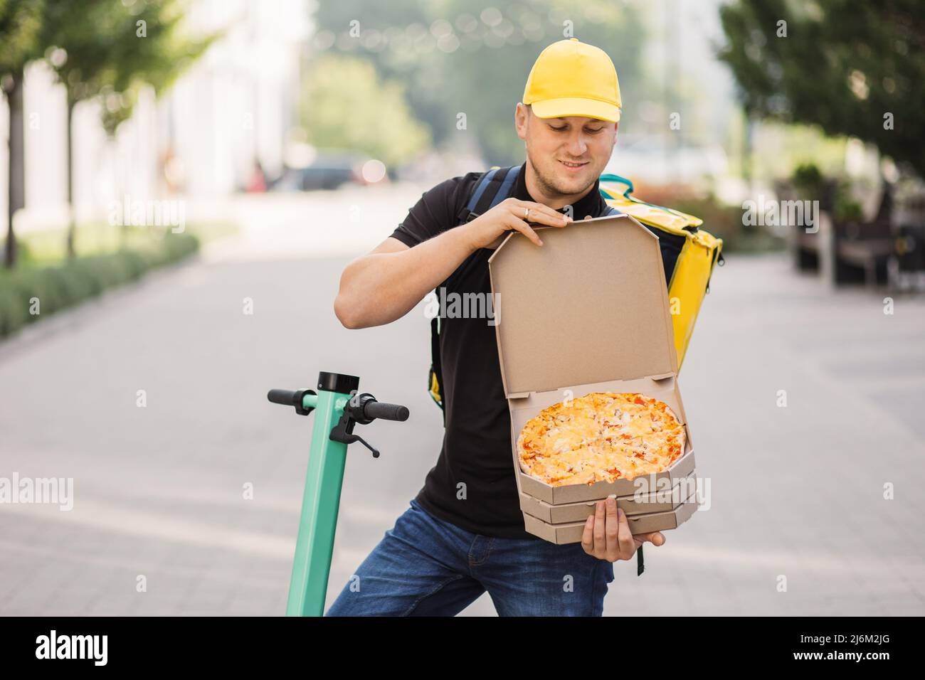 Food shipping, transportation and people concept - happy smiling ...