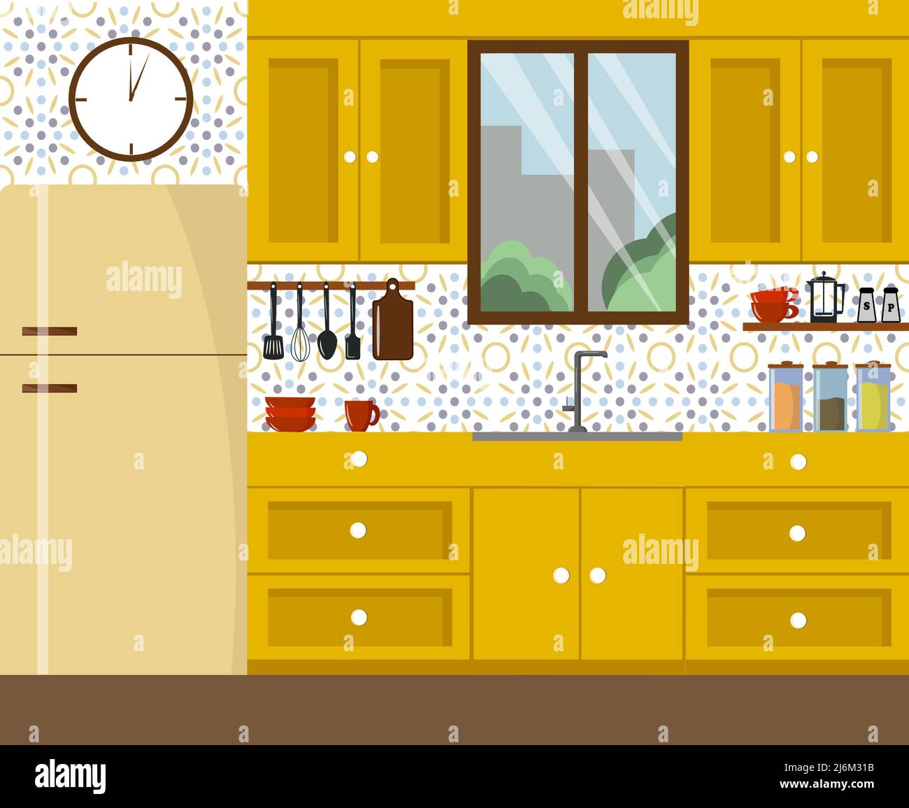 Kitchen interior illustration .Cabinets, stove, cutlery and kettle ...