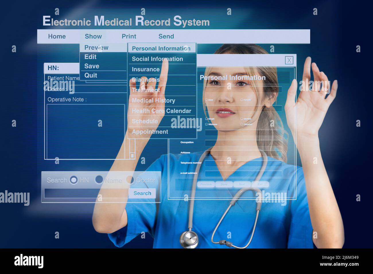 Female doctor working on electronic medical record that display as ...