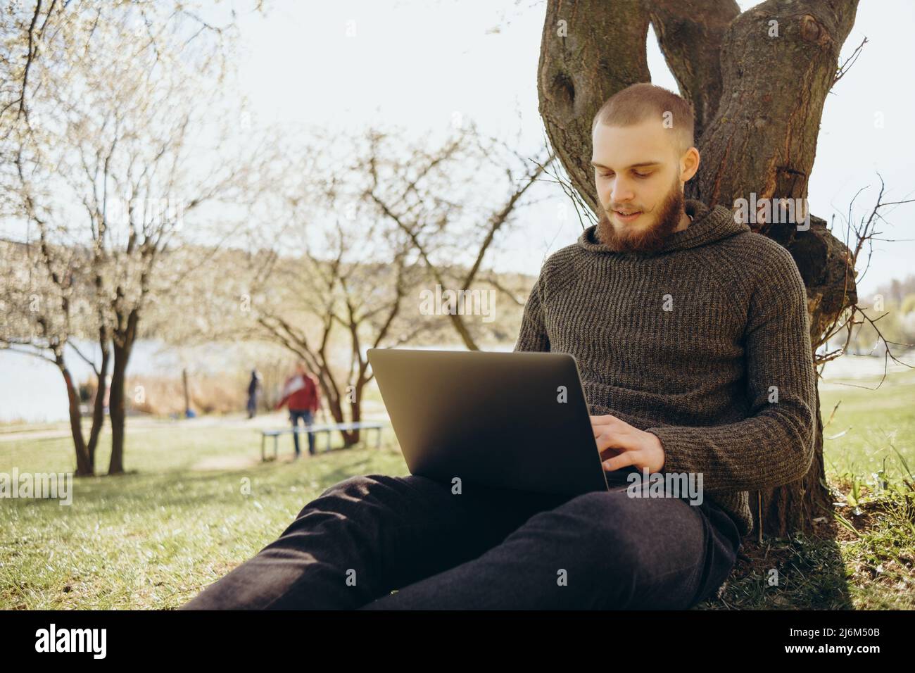 Young man using and typing laptop computer in summer grass Stock Photo ...