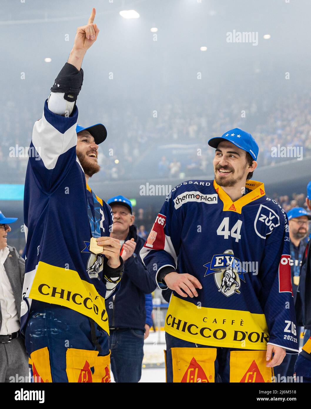 Yannick Zehnder #12 (EV Zug) and Samuel Kreis #44 (EV Zug) during the ...
