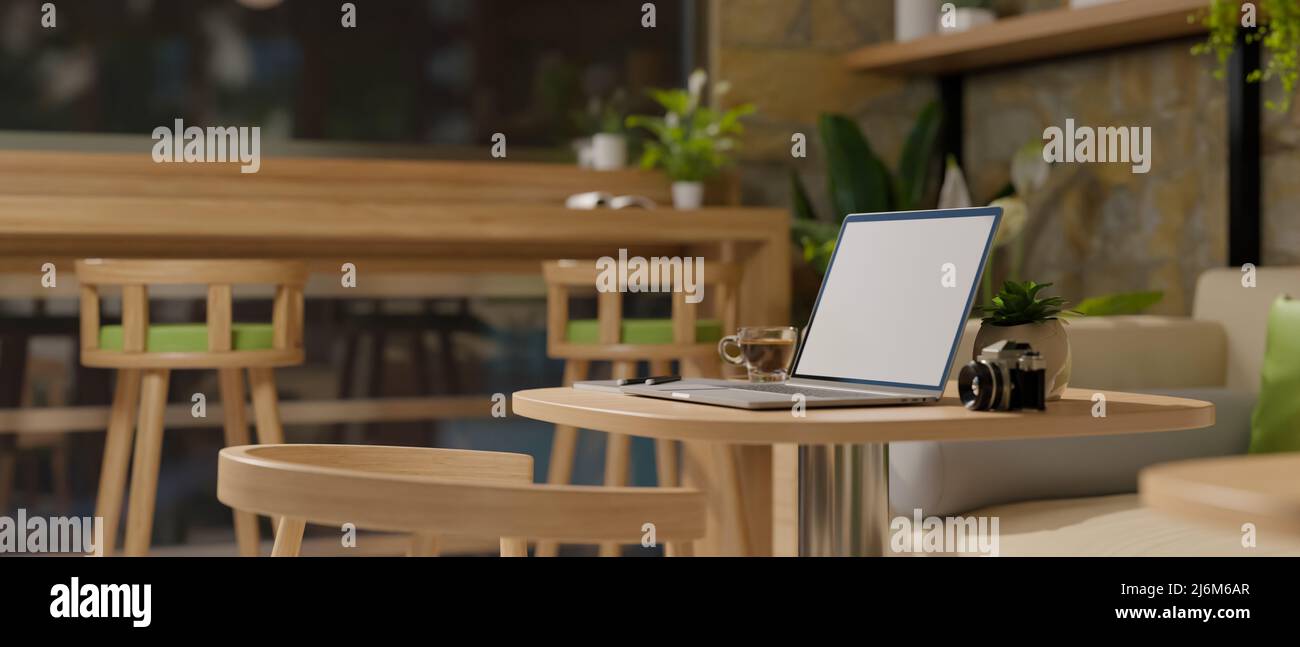 Close-up image, Modern minimal wood coffee shop seating area interior ...