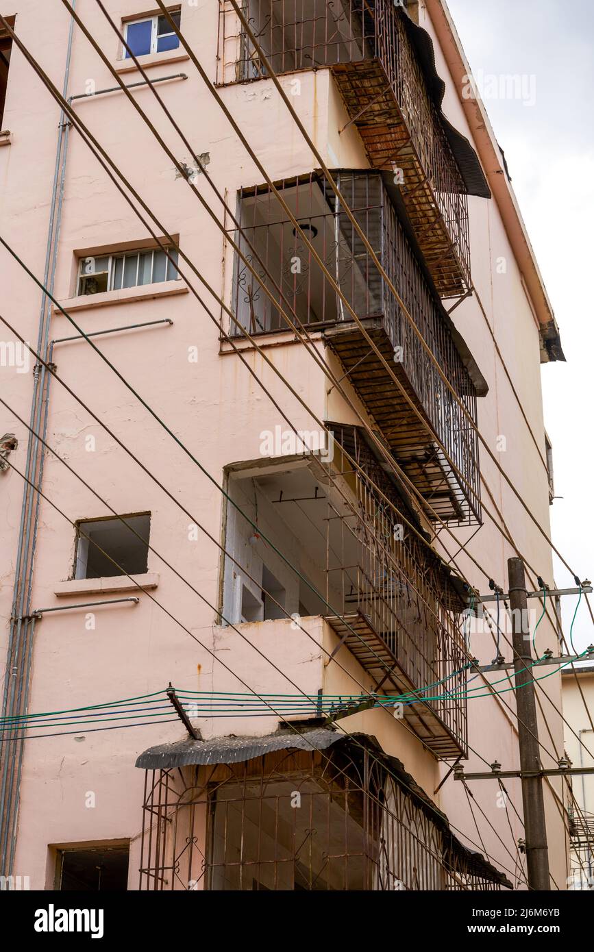 Close-up of residential buildings in an abandoned old residential area ...