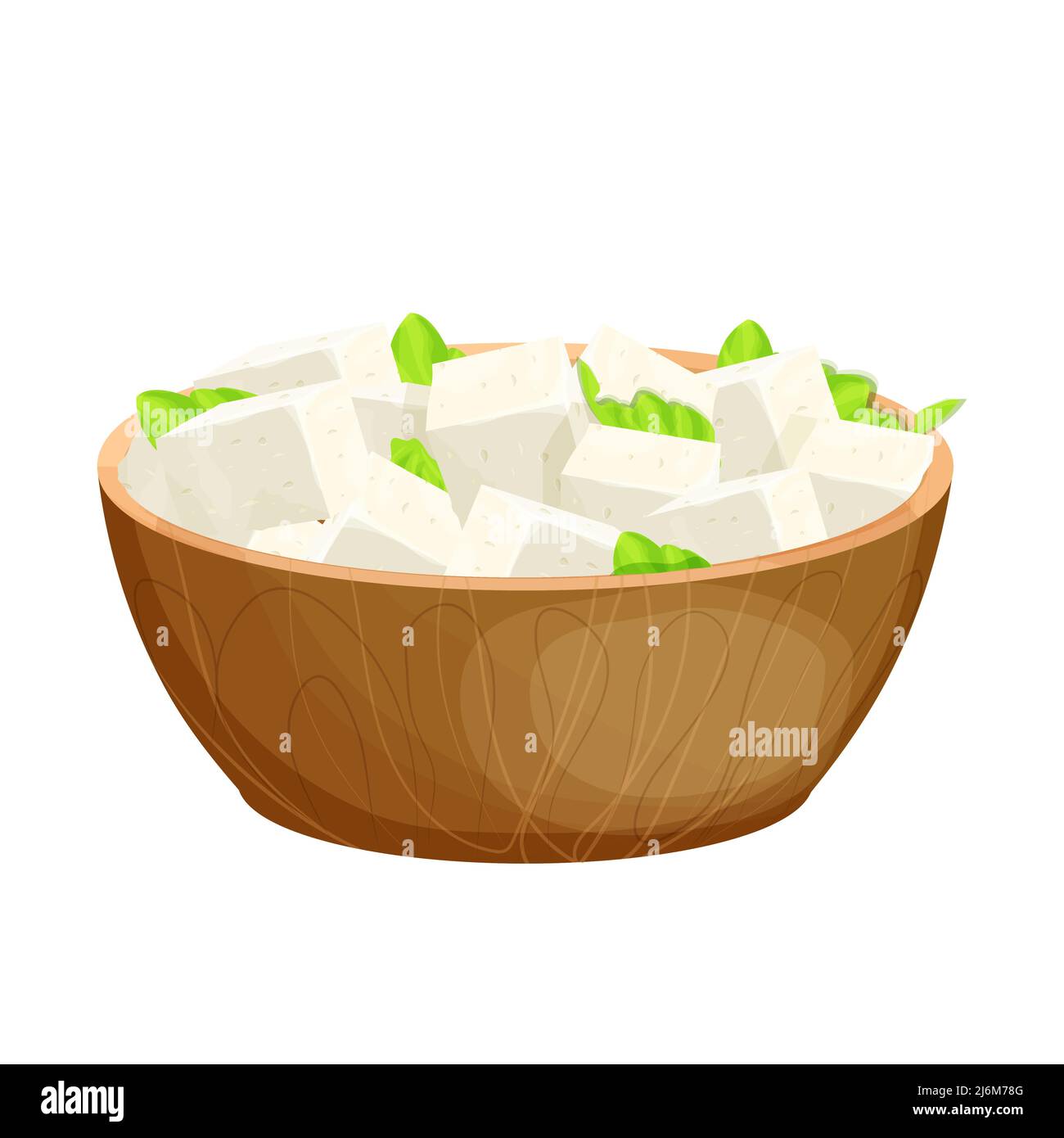 Feta cheese pieces in wooden bowl with lettuce in cartoon style ...