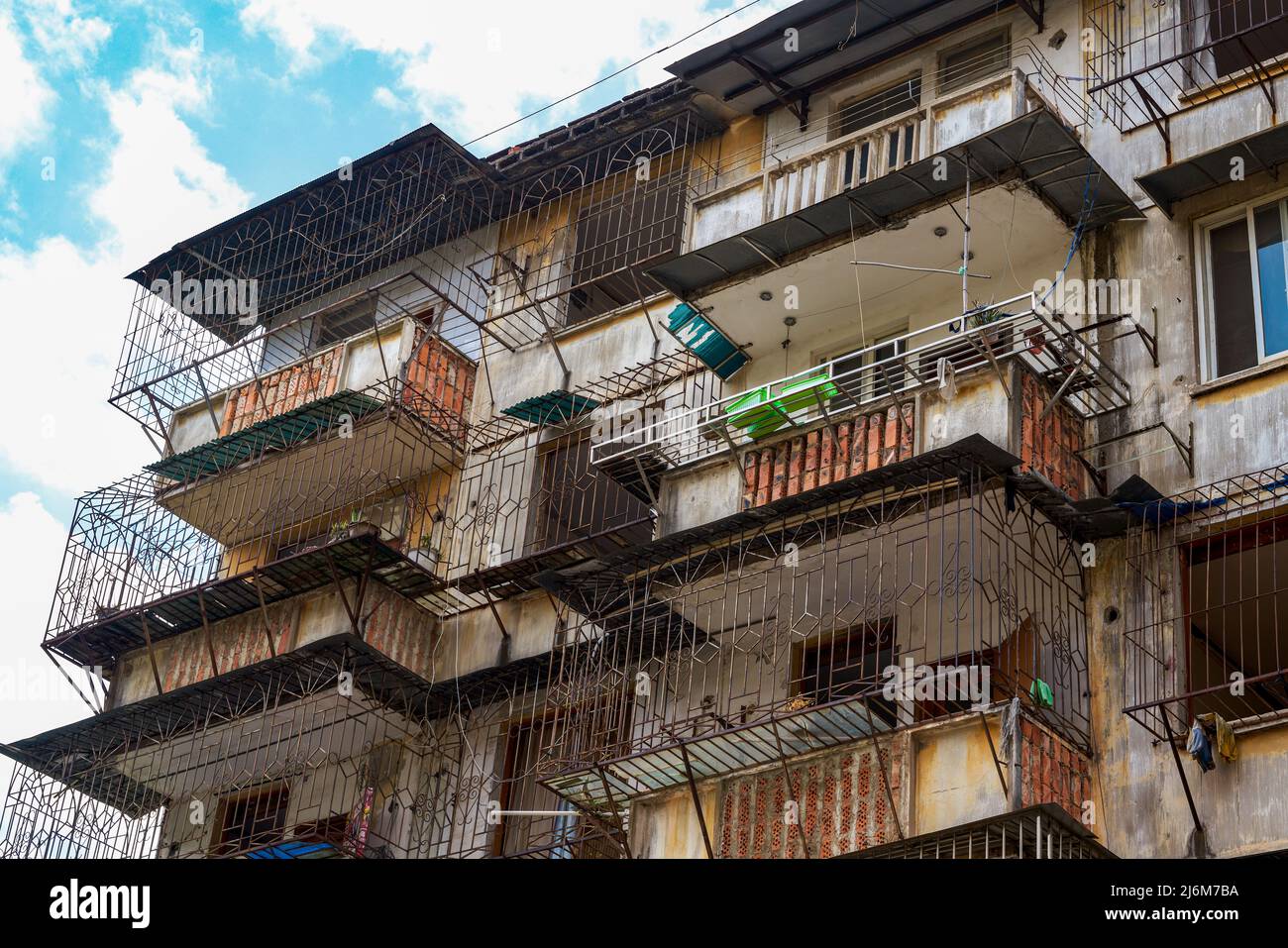 Close-up of residential buildings in an abandoned old residential area ...