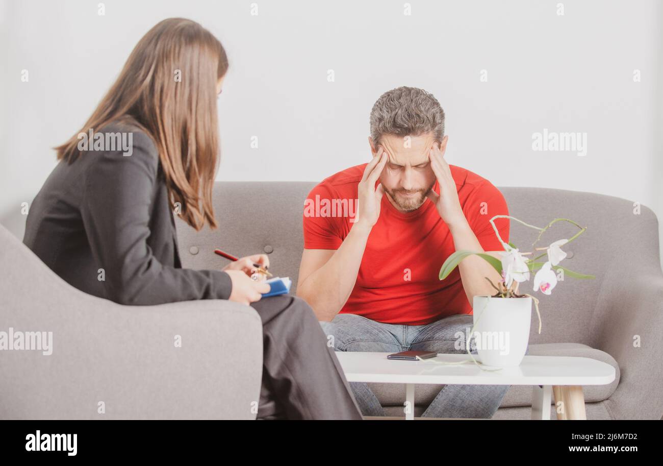 Psychology, mental therapy, psychologist with sad depressed man at ...