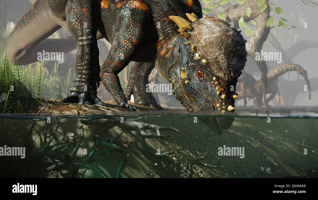 Pachycephalosaurus, dinosaur drinking at a waterhole Stock Photo - Alamy