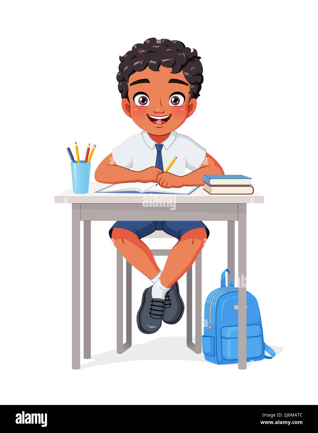 Happy Indian school boy sitting at desk. Cartoon vector illustration ...