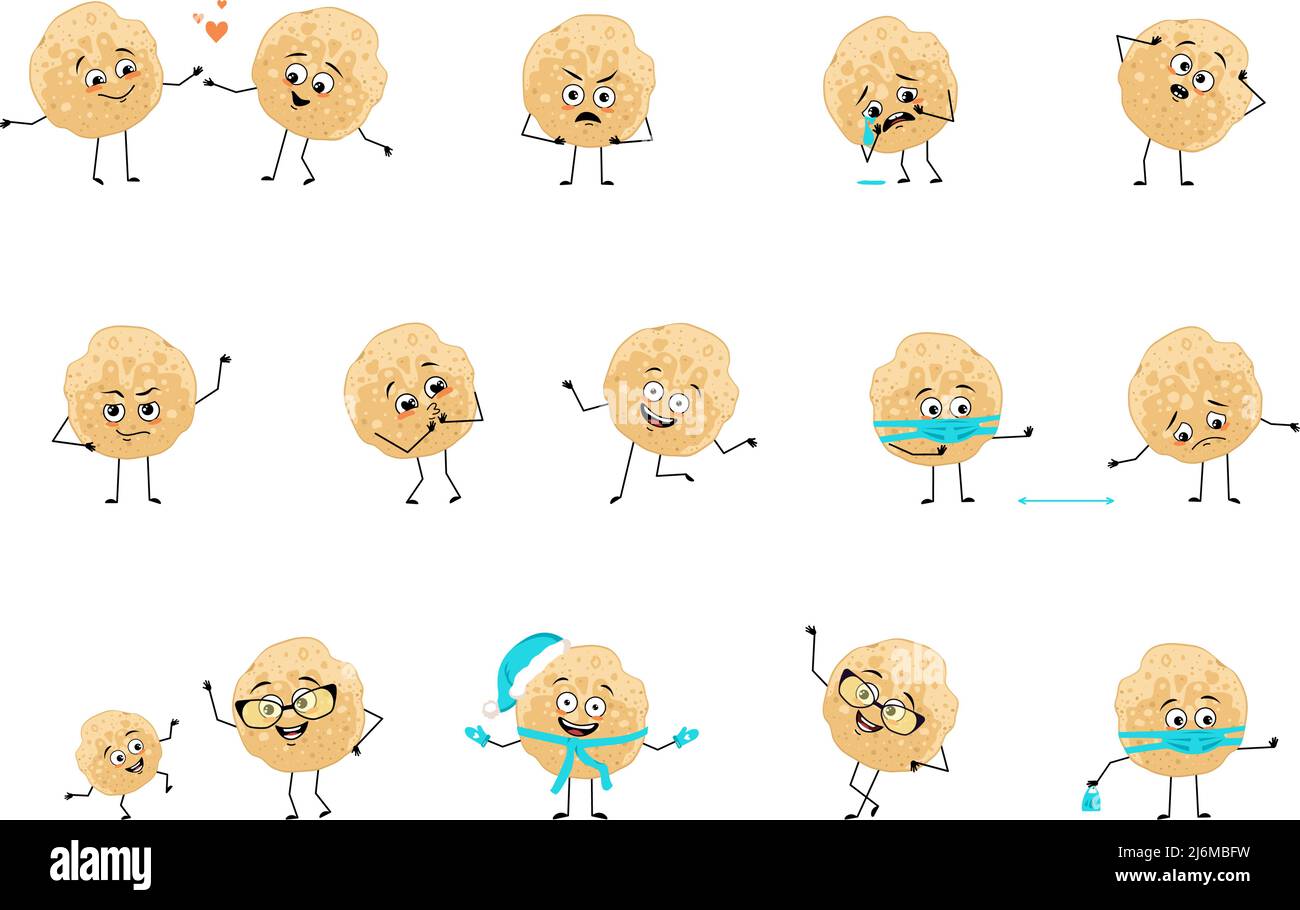 Set of pancake character with happy or sad emotions, panic, loving or ...