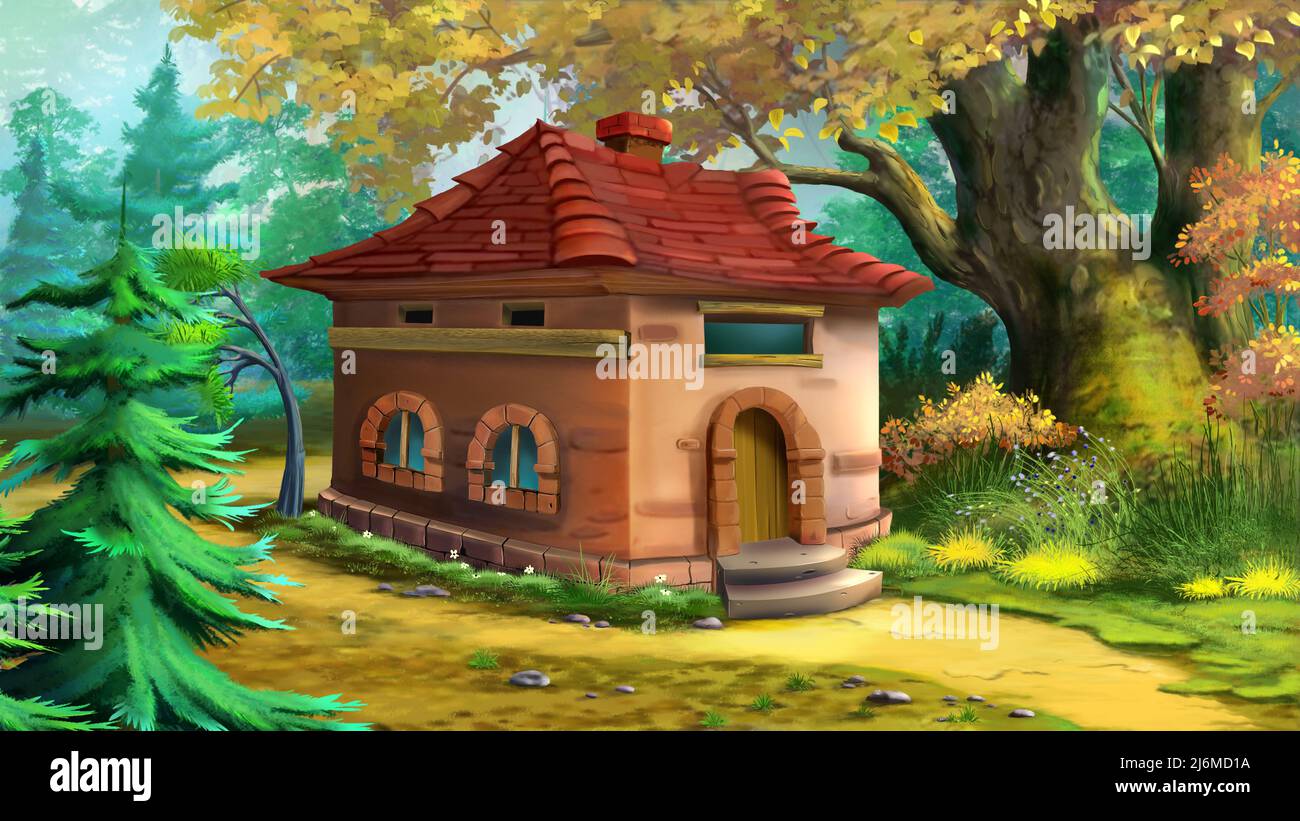 Fairy tale forest house on a summer day. Digital Painting Background ...