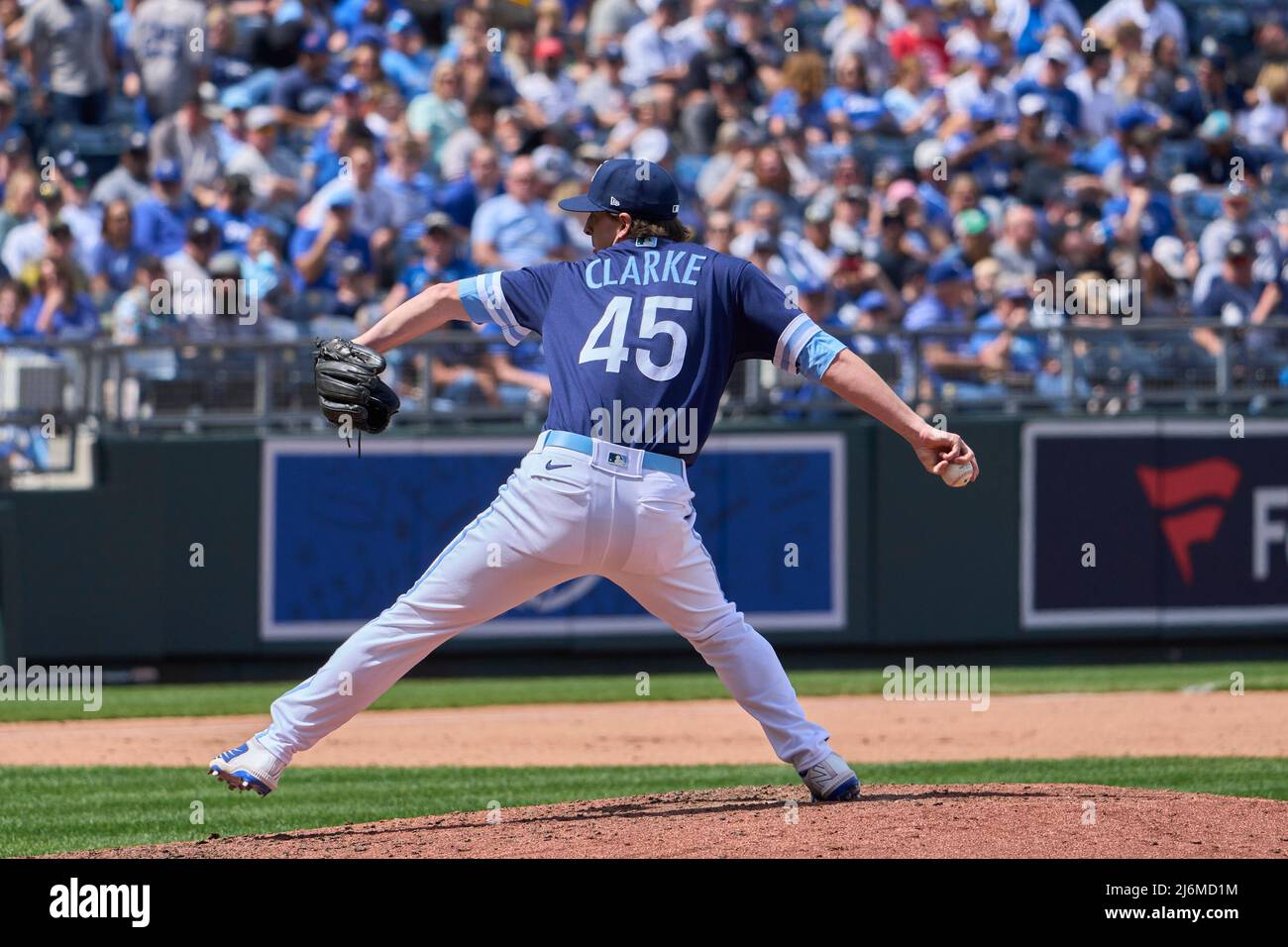 May 1 2022: Kansas pitcher Taylor Clarke (45) throws a pitch during the ...