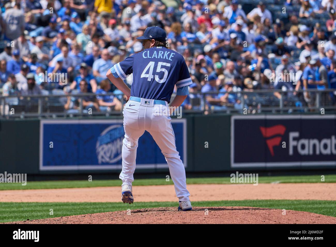 May 1 2022: Kansas pitcher Taylor Clarke (45) throws a pitch during the ...