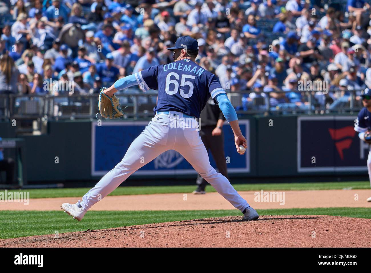 May 1 2022: Kansas pitcher Dylan Coleman (65) throws a pitch during the ...