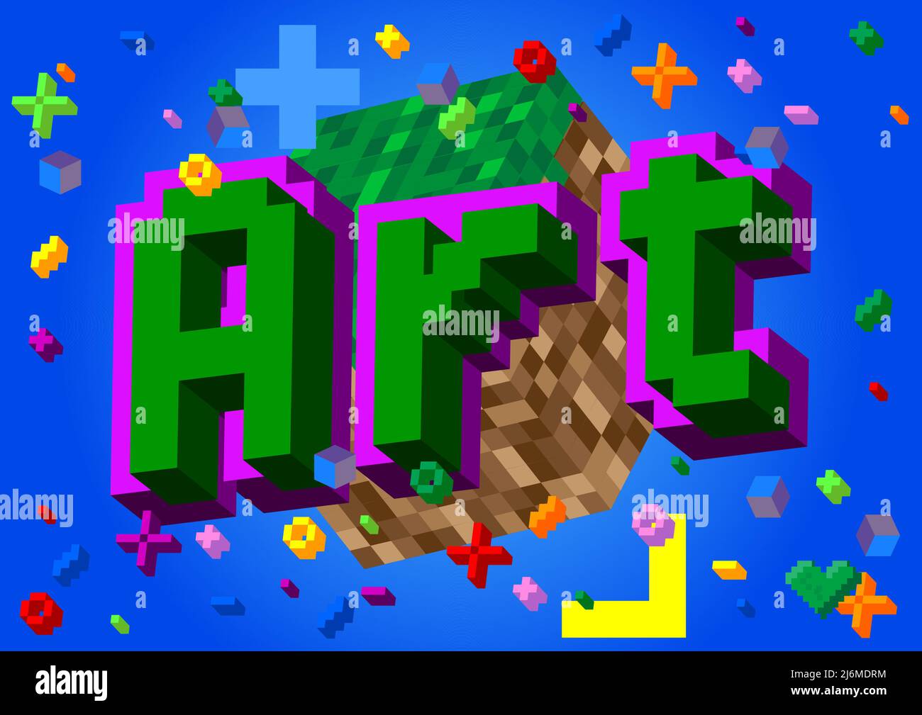 Art. Pixelated word with geometric graphic background. Vector cartoon ...