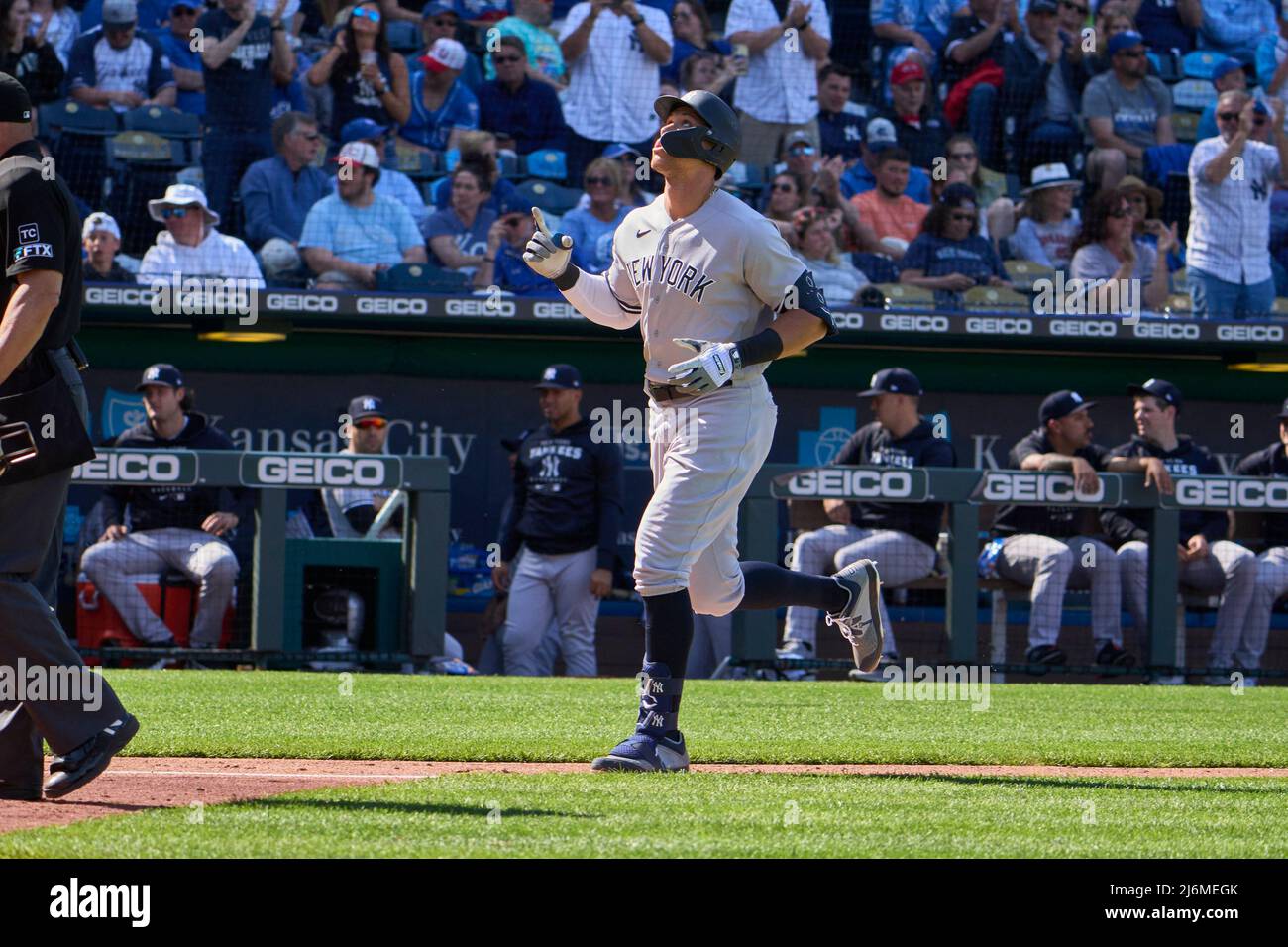 May 1 2022: New York right fielder Aaron Judge (99) hits the second of ...