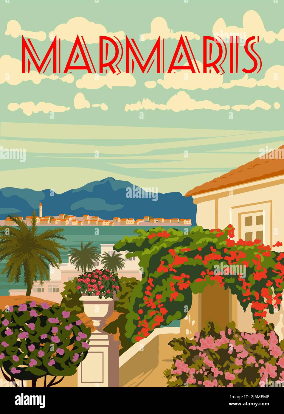 Marmaris landmark, Turkey resort, retro poster, horizon, skyline ...