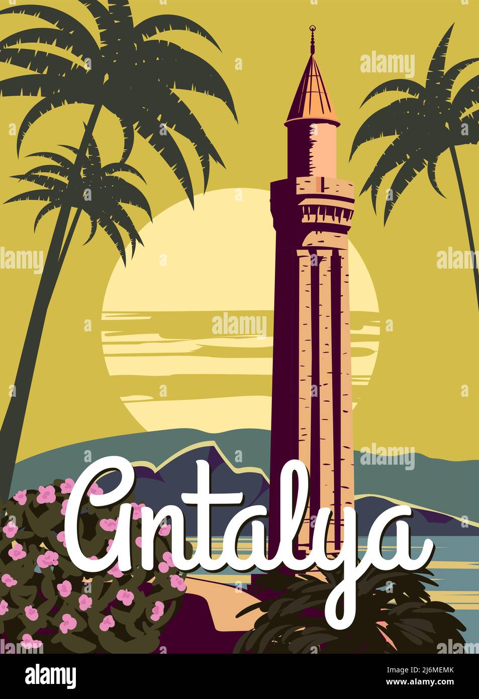 Retro Poster Antalya landmark, Turkey resort, sunset skyline. Vintage ...