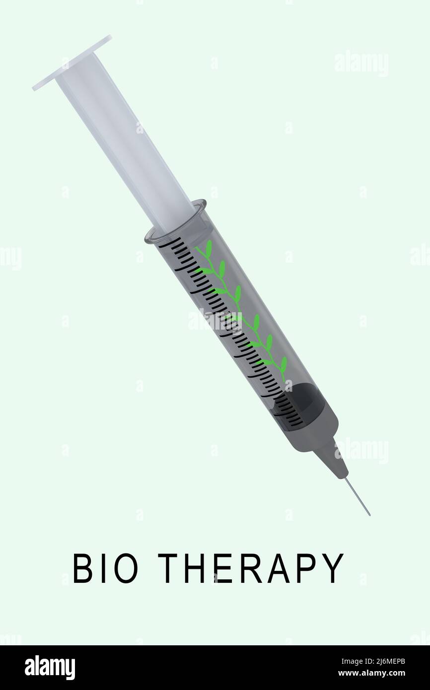 3D illustration of BIO THERAPY script with syringe, isolated over pale ...