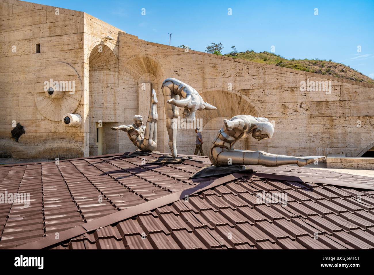 Yerevan, Armenia - April 30, 2022 - Stainless steel sculptures of three ...