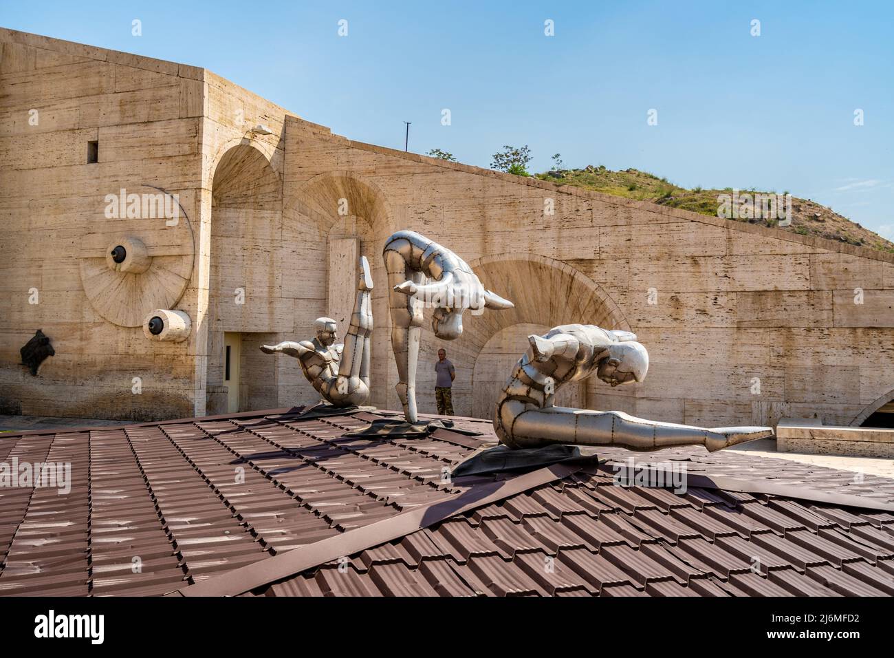 Yerevan, Armenia - April 30, 2022 - Stainless steel sculptures of three ...
