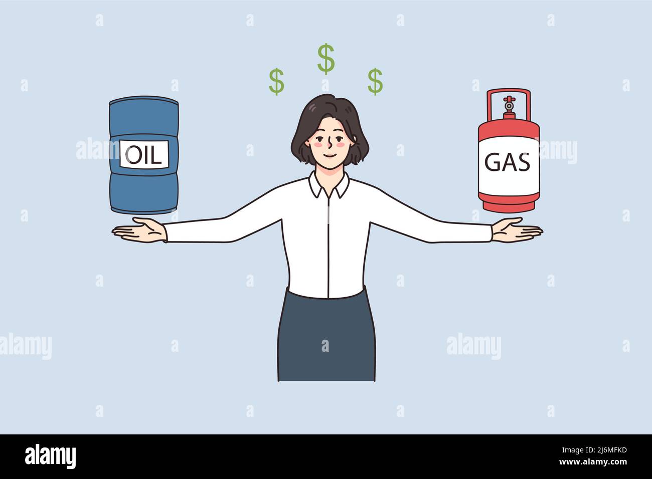 Smiling successful businesswoman sell oil and gas barrels to customer ...