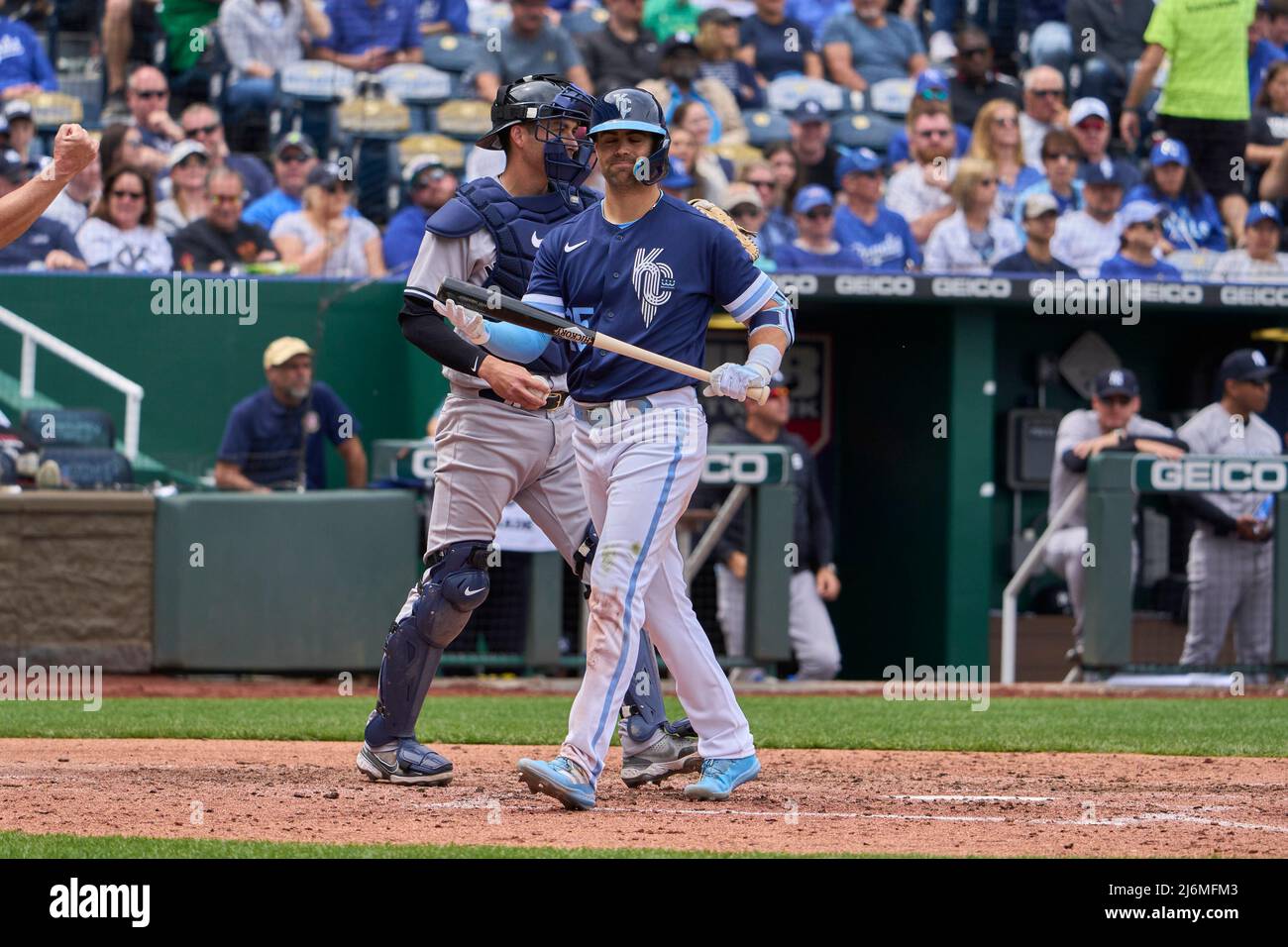 May 1 2022: Kansas City second baseman Whit Merrifield (15) strikes out ...