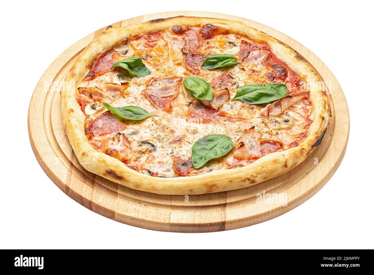 Delicious pizza served on wooden plate isolated on white background ...