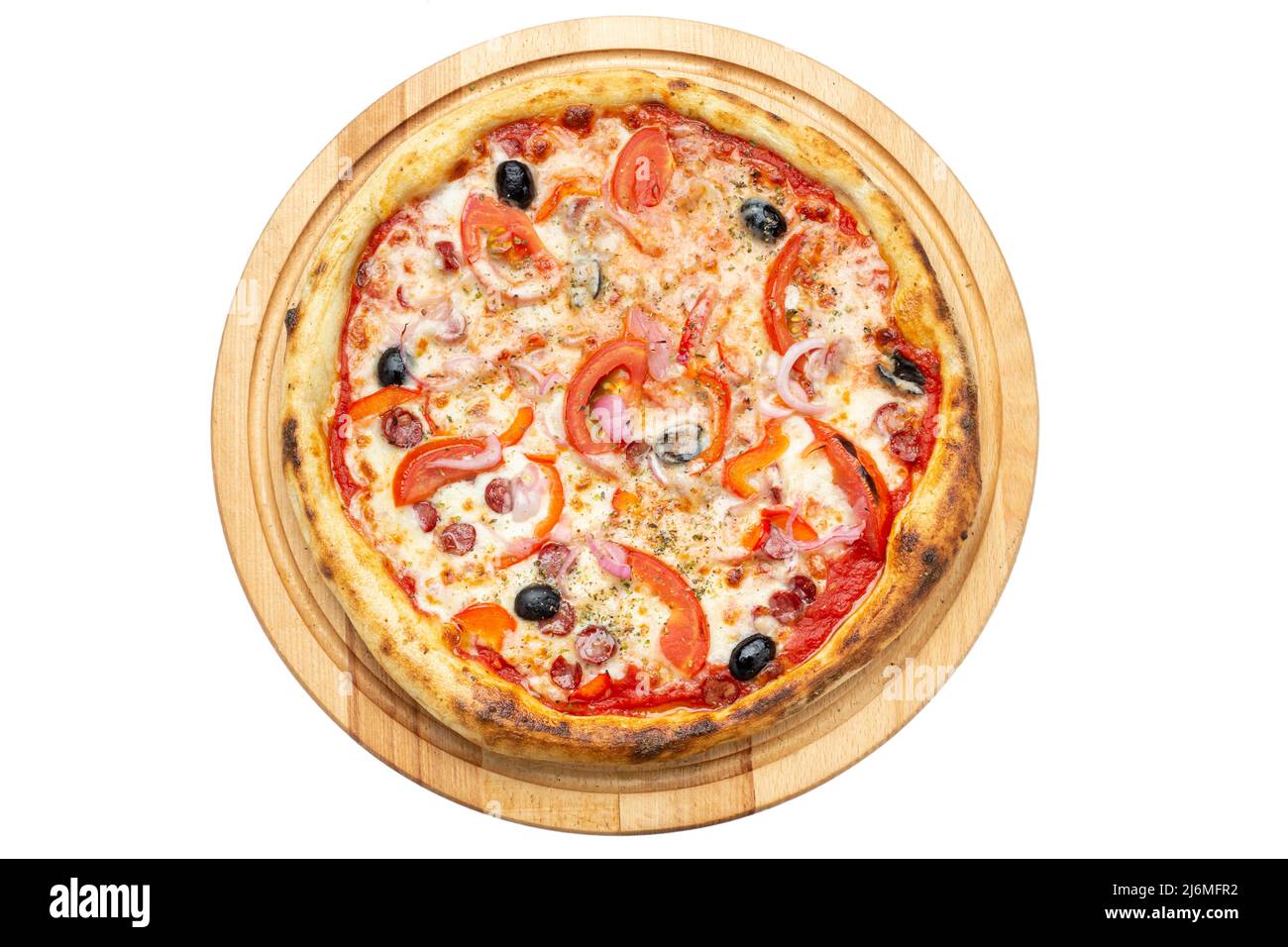Delicious pizza served on wooden plate isolated on white background ...