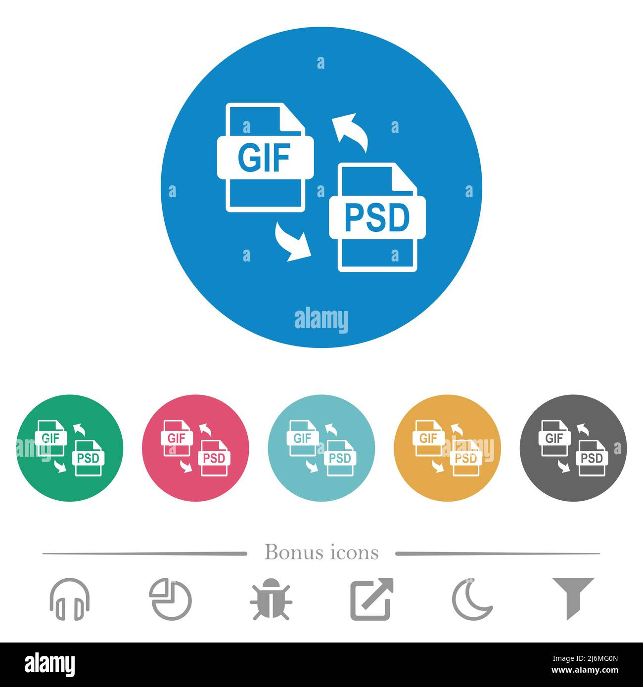 GIF PSD file conversion flat white icons on round color backgrounds. 6 ...
