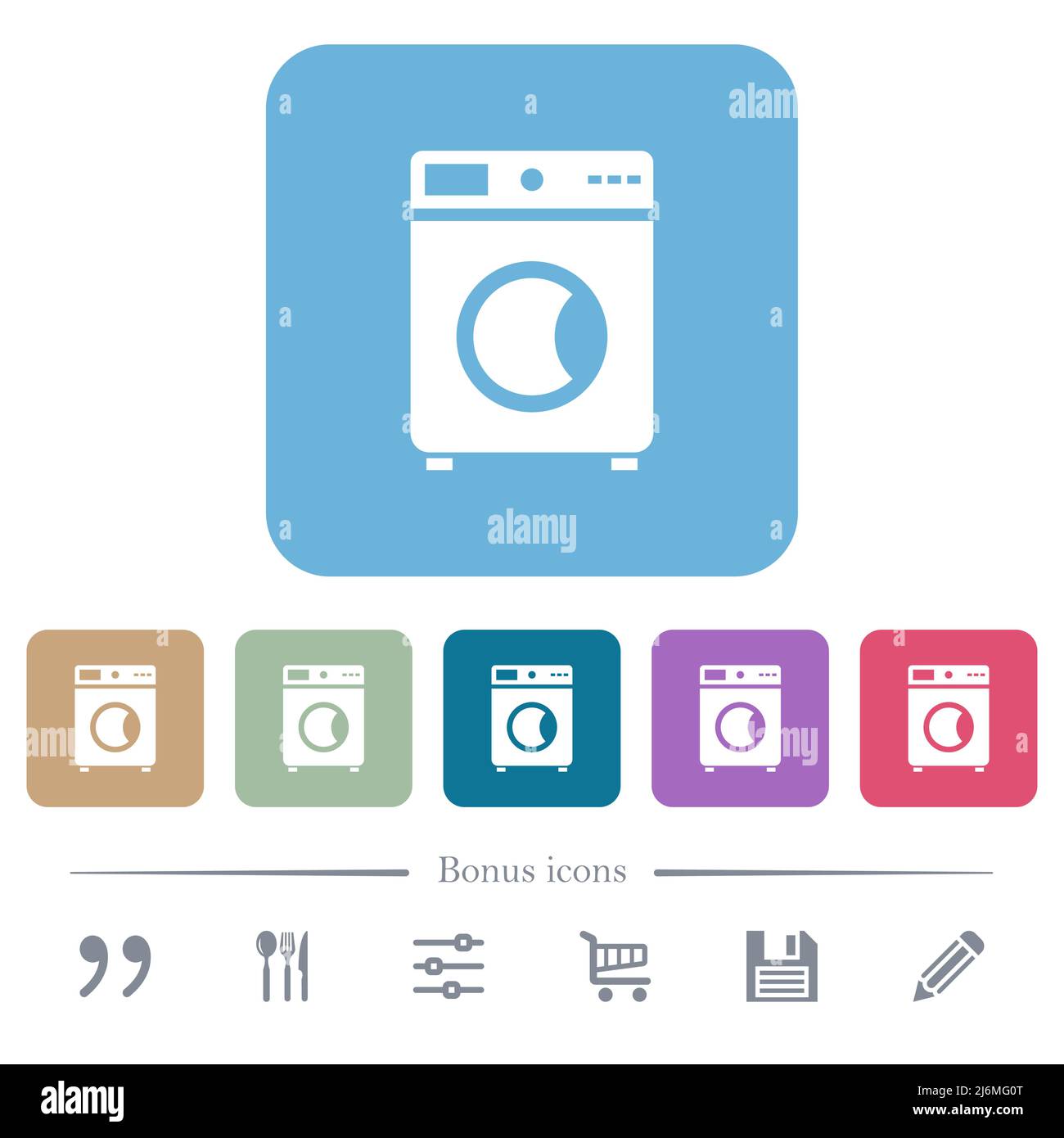 Washing machine white flat icons on color rounded square backgrounds. 6 ...