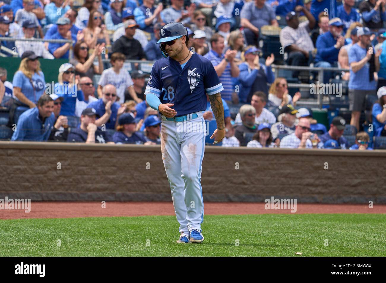 May 1 2022: Kansas City right fielder Kyle Isbel (28) scores a run ...