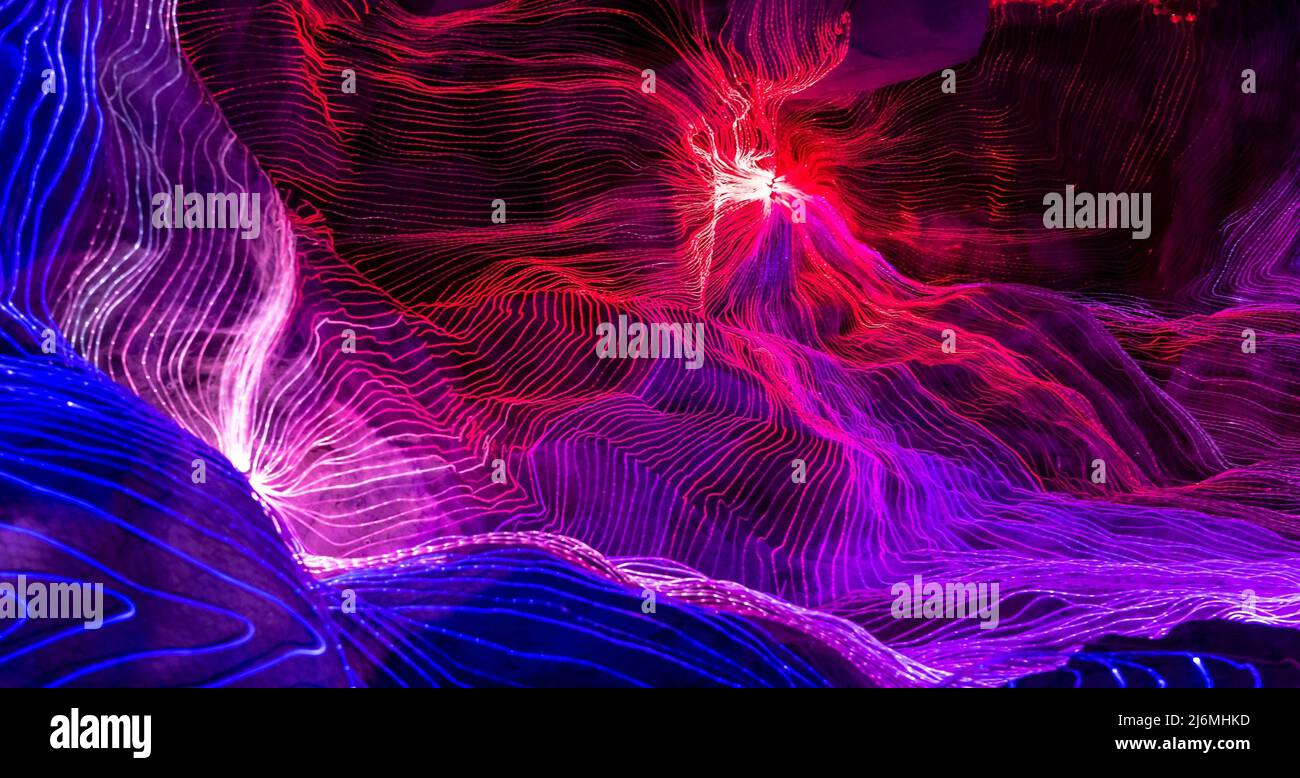 Abstract wave of digital weave lines connecting network dots and dark ...