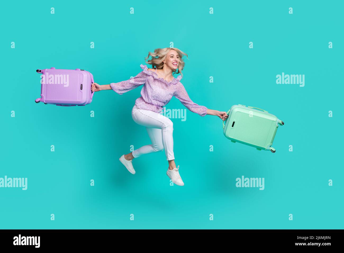 Photo of pretty excited lady wear violet blouse jumping running check ...