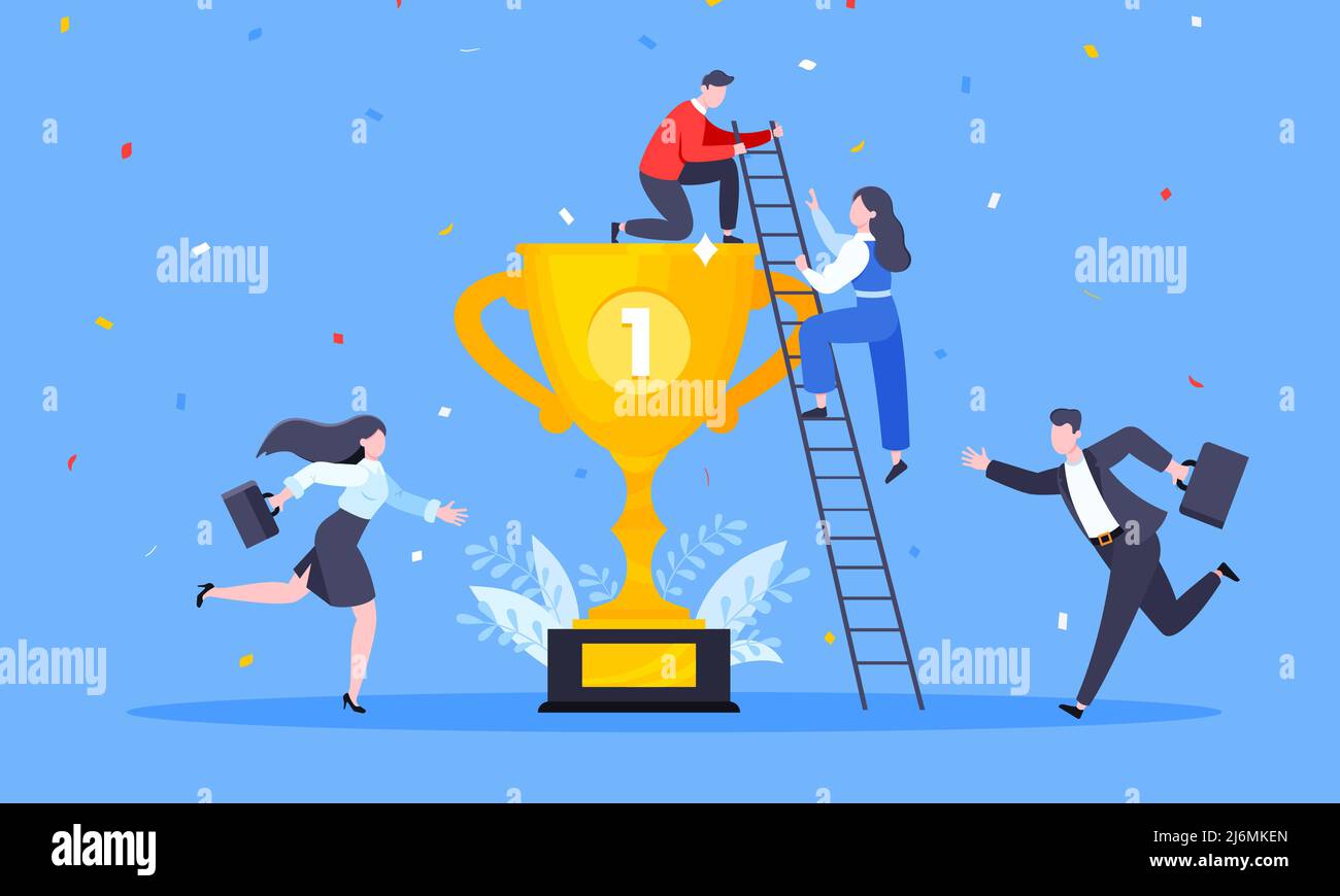 Happy business employee team winners award ceremony flat style design vector illustration ...