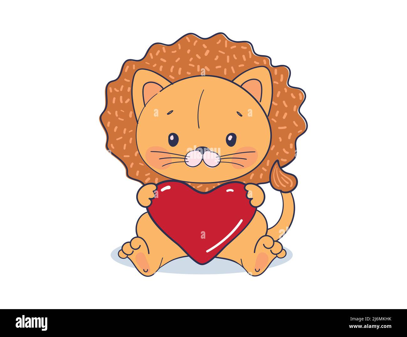 A cute little lion cub is hugging a big red heart. Flat cartoon ...
