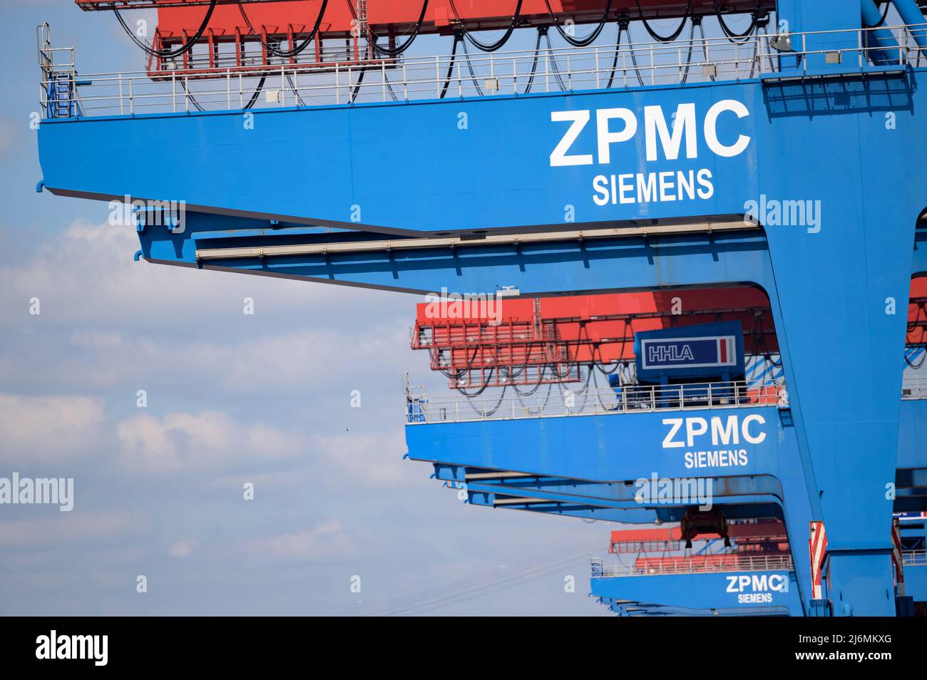27 April 2022, Hamburg: The lettering "ZPMC Siemens" stands on ...