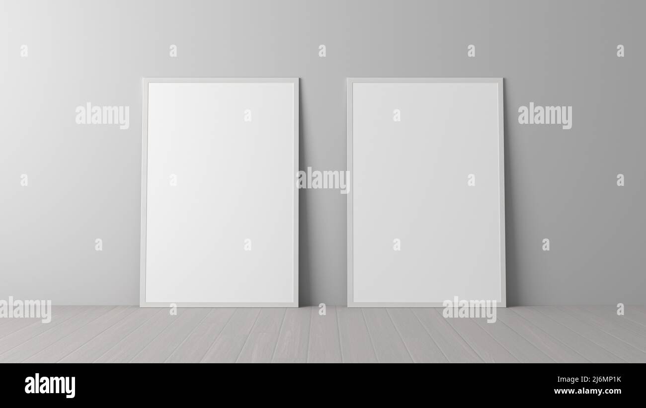Mock up of two vertical frames on the floor in white interior. 3d ...